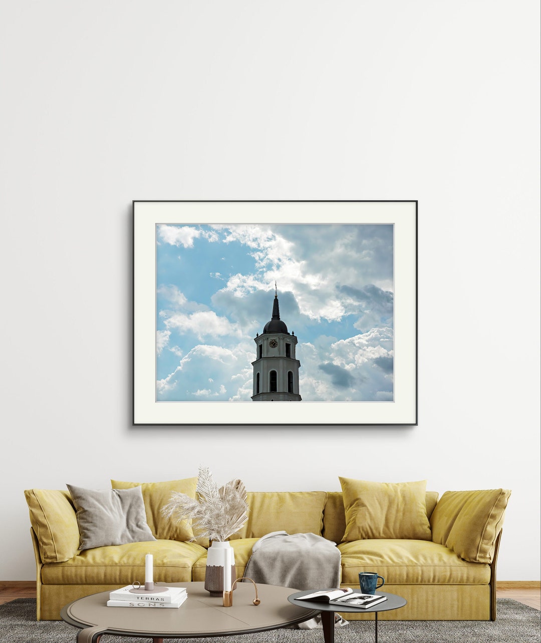 Cathedral Clock Tower Poster Print Fluffy Clouds Poster Sky Wall Art ...