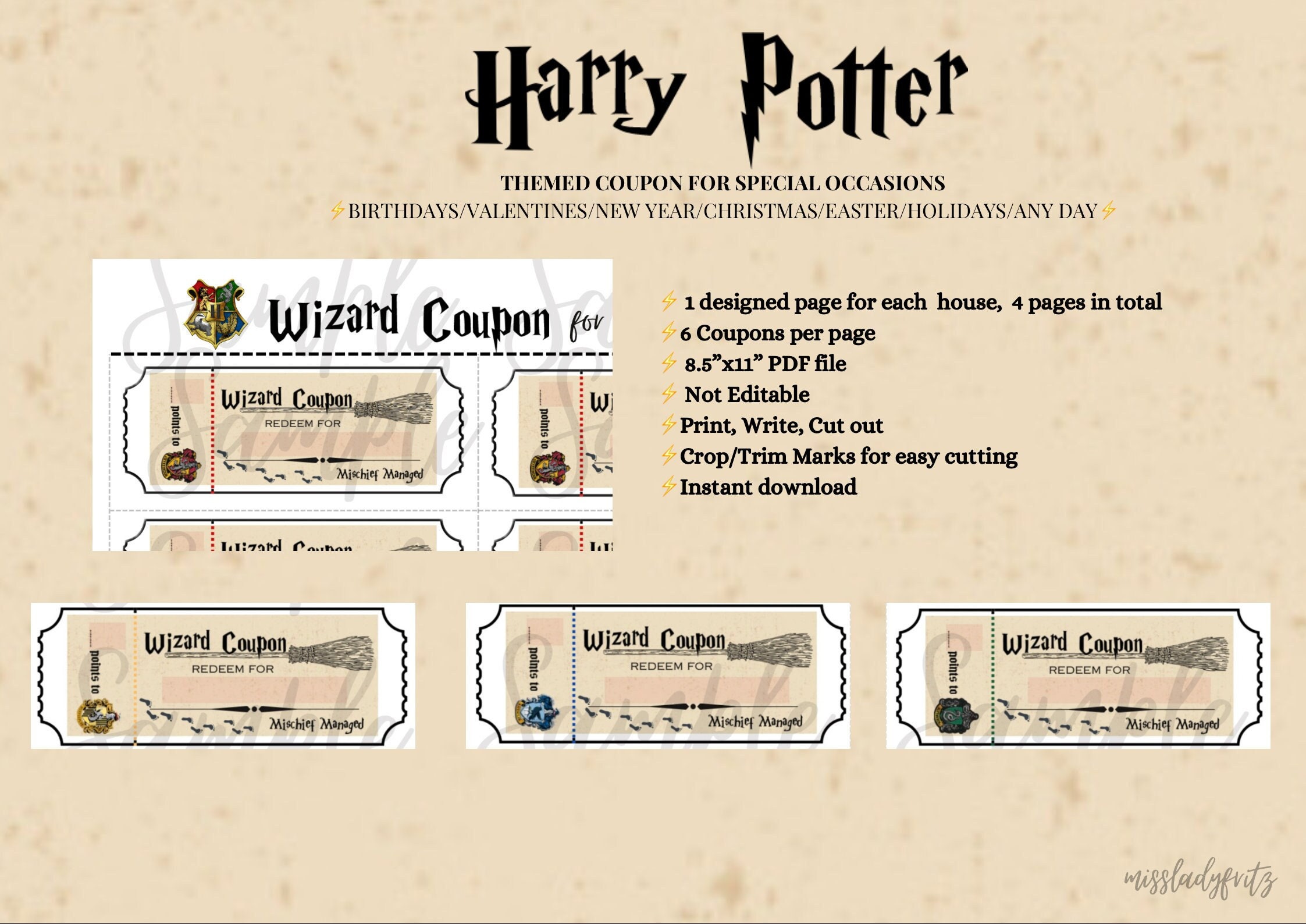 Harry Potter Coupon Template Printable Birthday Vouchers, Anniversary ...