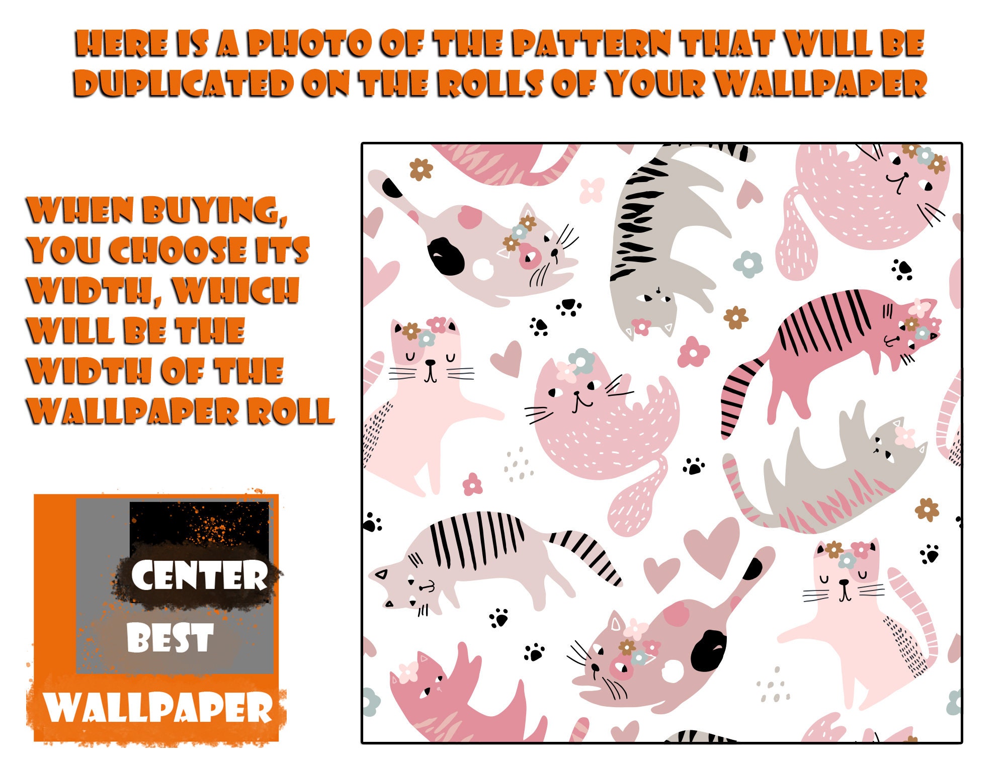 Pink Cat Pattern Wallpaper Cute Cat Wall Art - Etsy