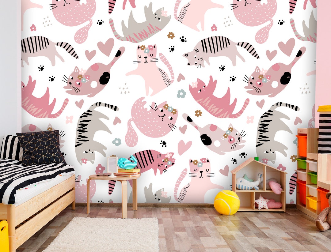 Pink Cat Pattern Wallpaper Cute Cat Wall Art - Etsy