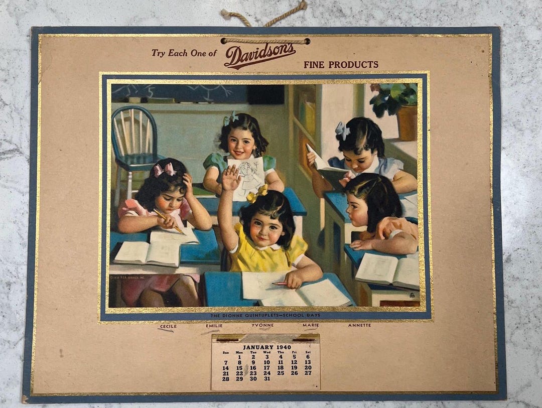Vintage 1940 Dionne Quintuplets "school Days" Davidsons Bread Calendar ...