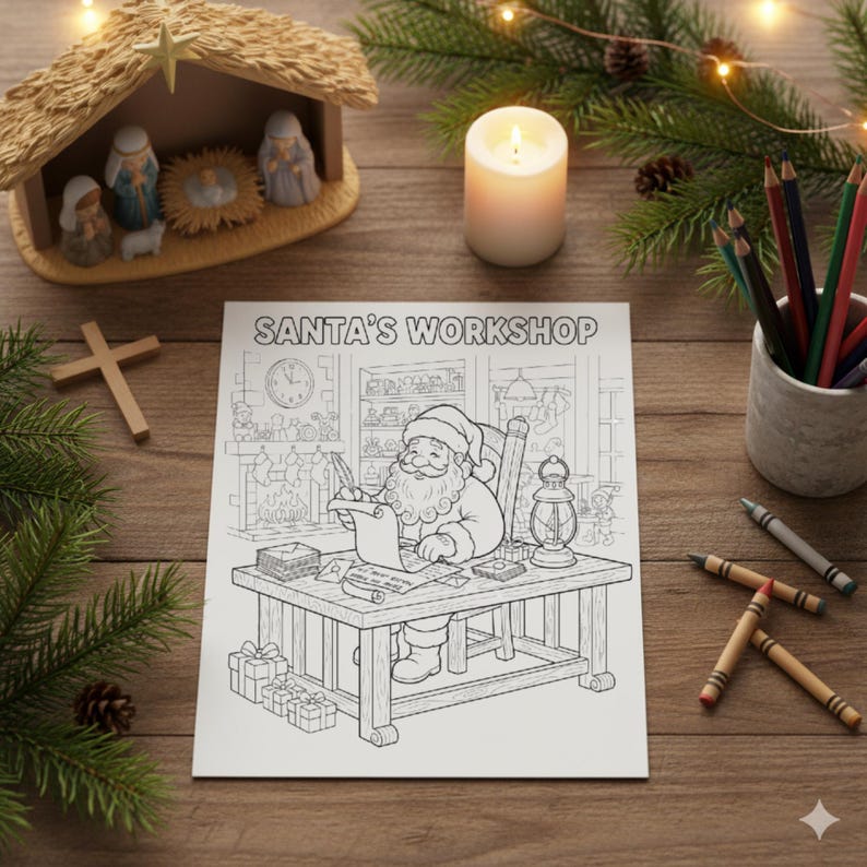 Santa’s Workshop Coloring Pages | 10 Printable Christmas Line Art ...