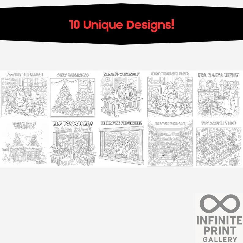 Santa’s Workshop Coloring Pages | 10 Printable Christmas Line Art ...