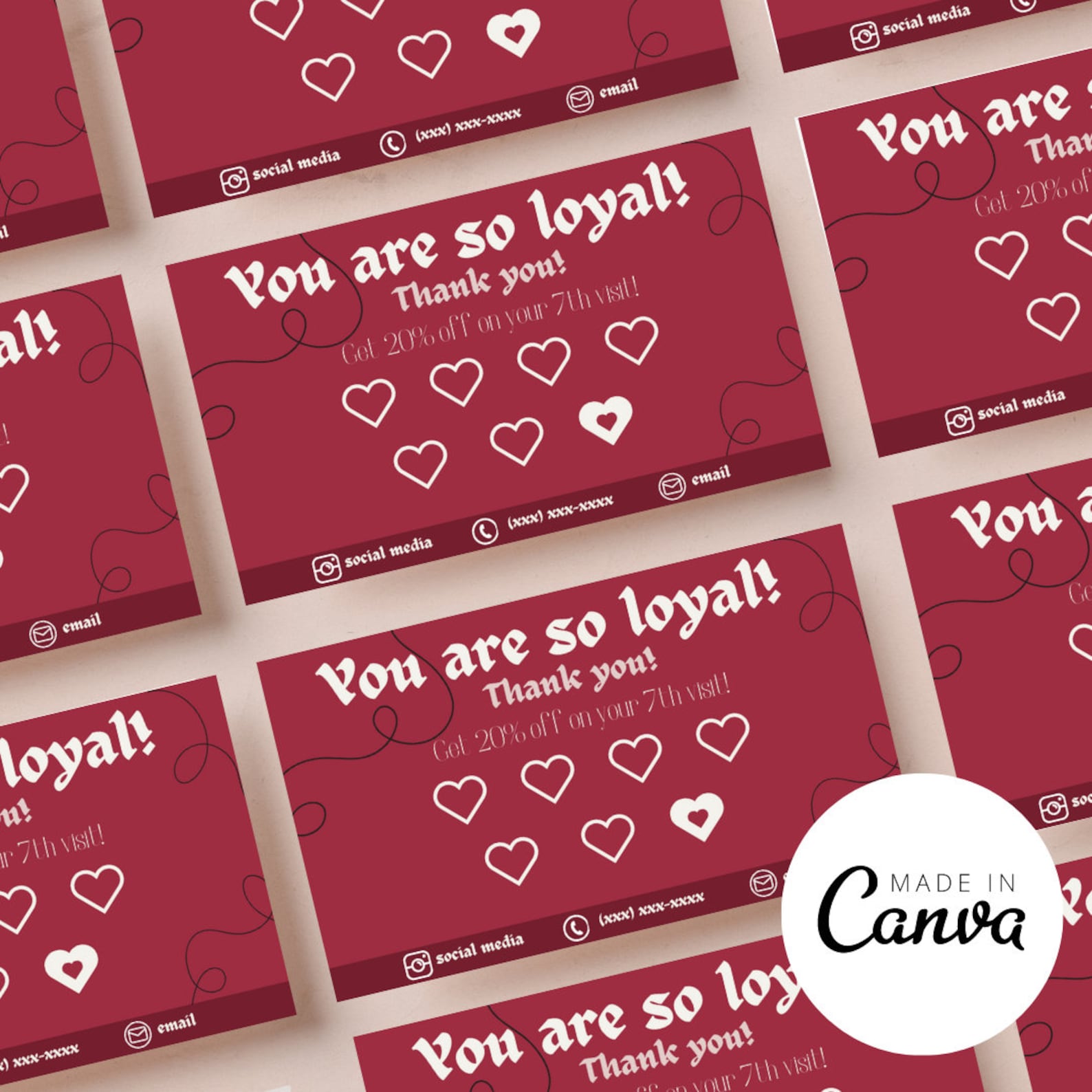 Red Loyalty Card Template Canva, Editable Customer Heart Card ...