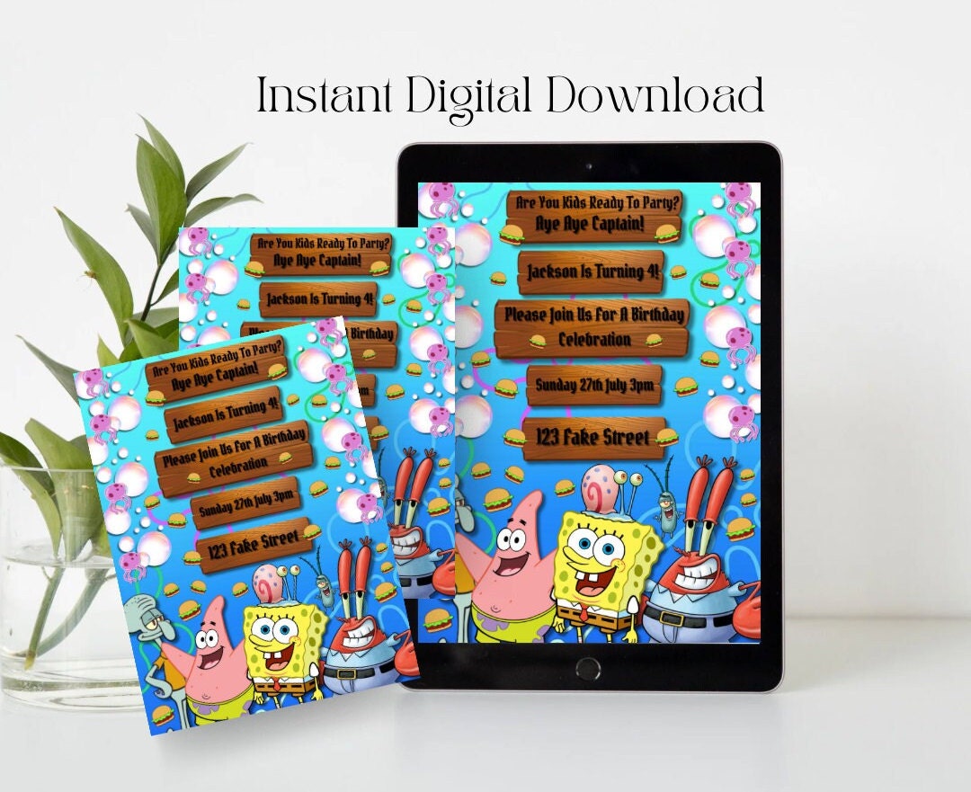 Editable Spongebob Birthday Invitation, Sponge Bob Invite, Template ...