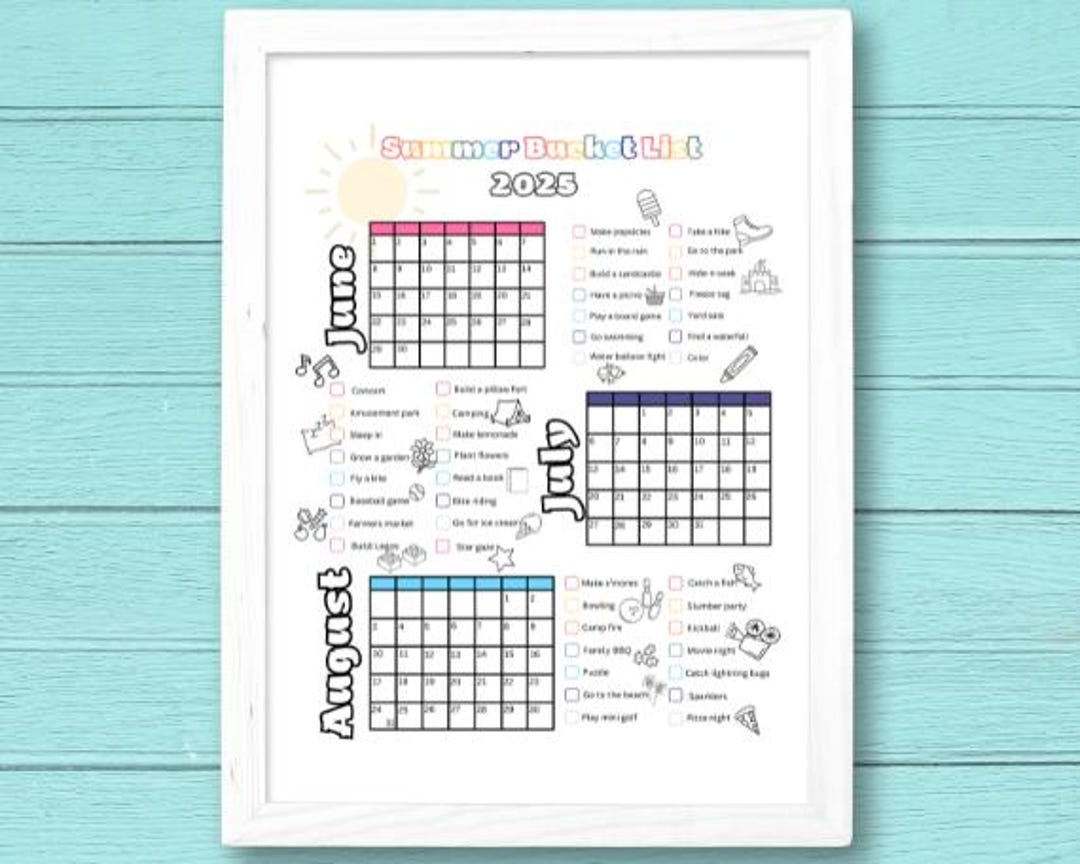 Summer Calendar Bucket List Activity Poster 2025, Summer Countdown ...