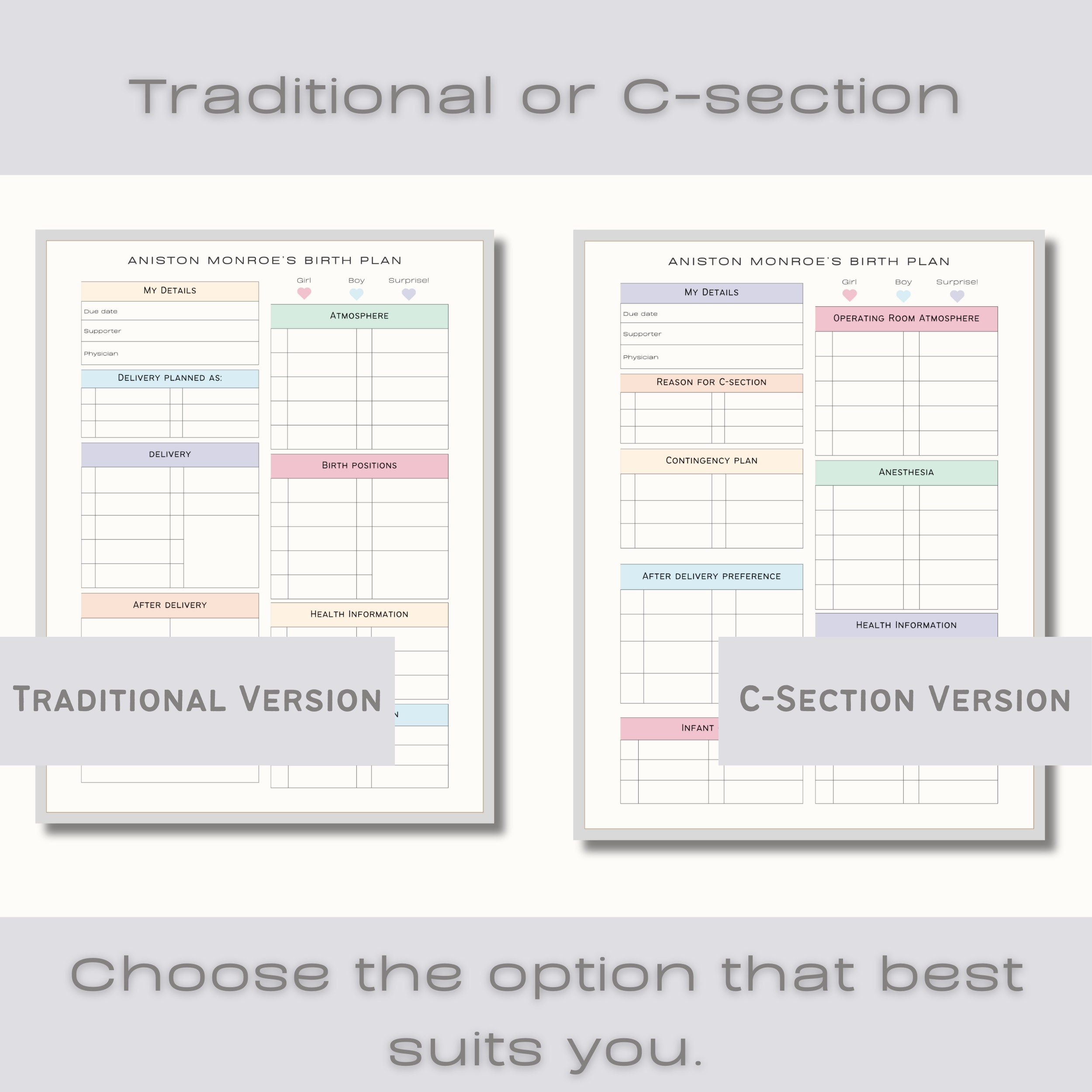Editable Birth Plan Template and Csection Birth Plan Template for ...