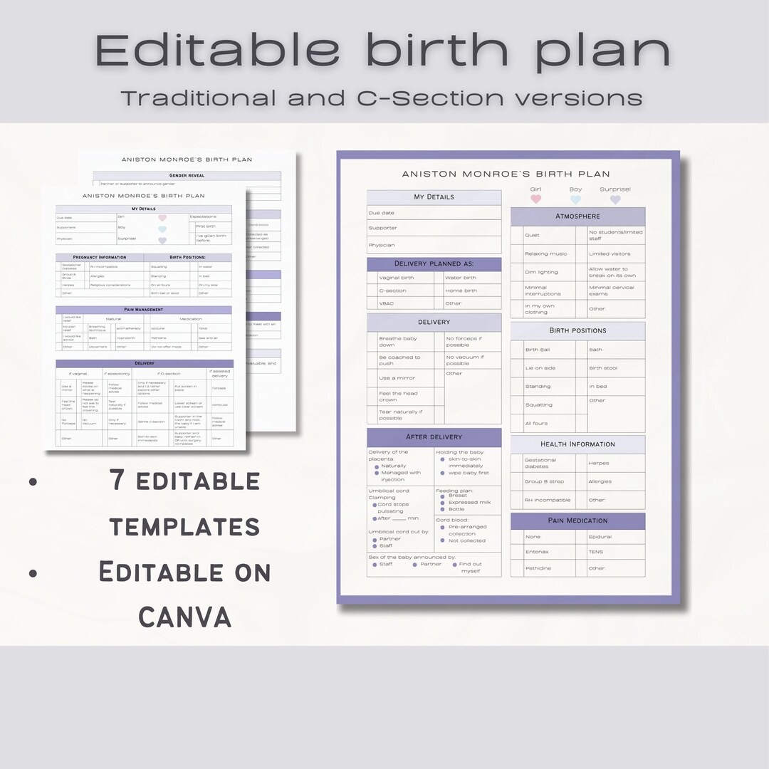 Editable Birth Plan Template, Csection Birth Plan Template for ...