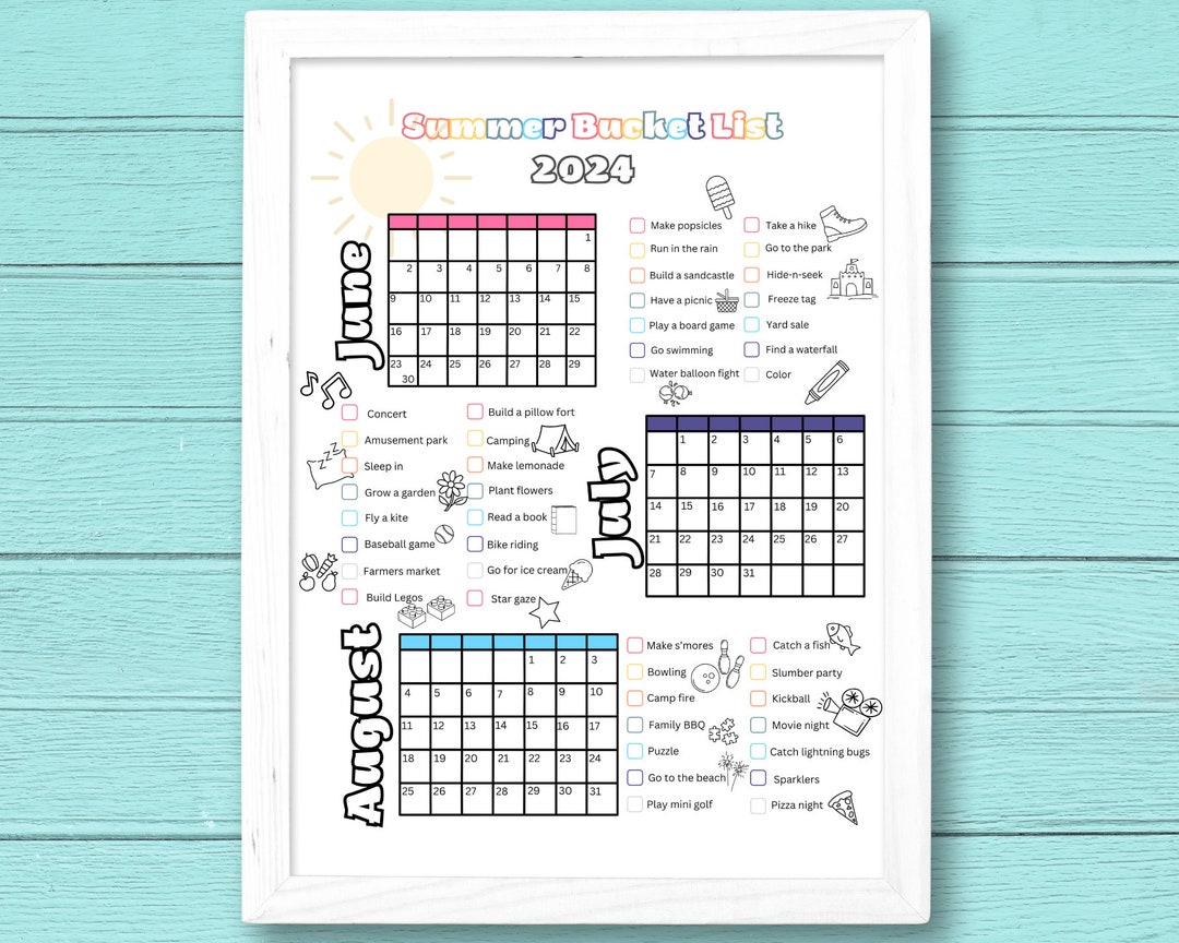 Summer Countdown Poster 2024 Printable Bucket List Kids Monthly ...