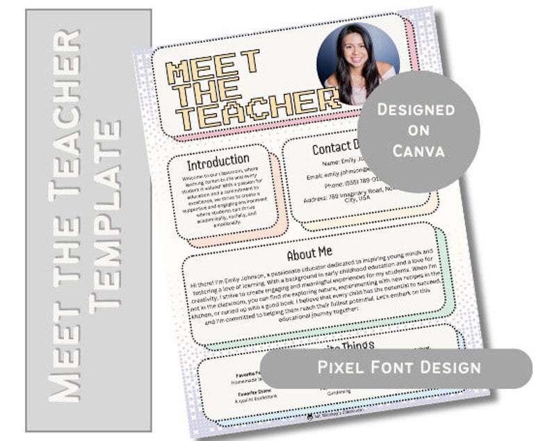 Editable Pixel Meet the Teacher Template for Canva, Teacher ...