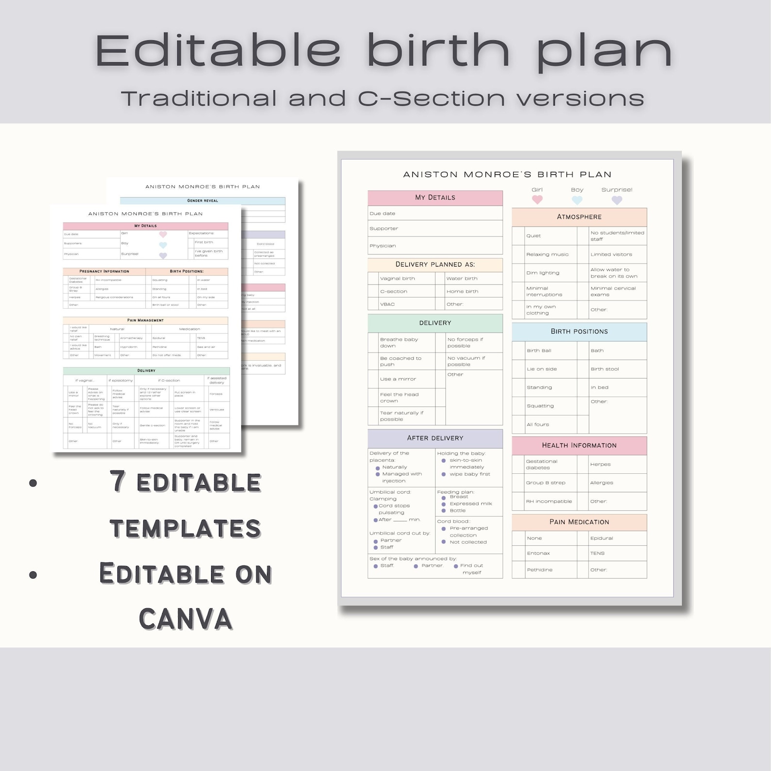 Editable Birth Plan Template and Csection Birth Plan Template for ...