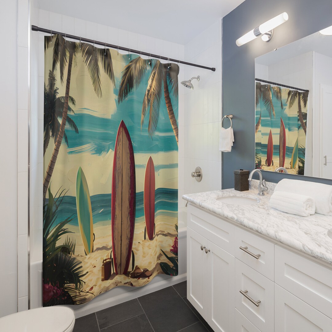 Tropical Hawaiian Surfboard Shower Curtain Modern Marine Bathroom Beach ...