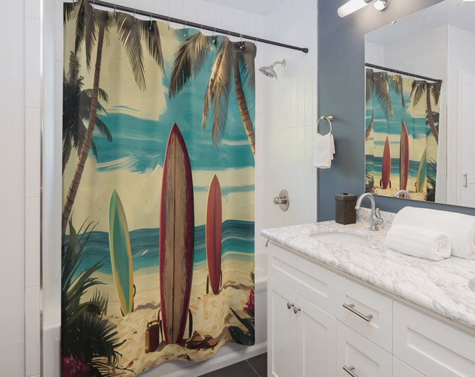 Tropical Hawaiian Surfboard Shower Curtain - Modern Marine Bathroom ...