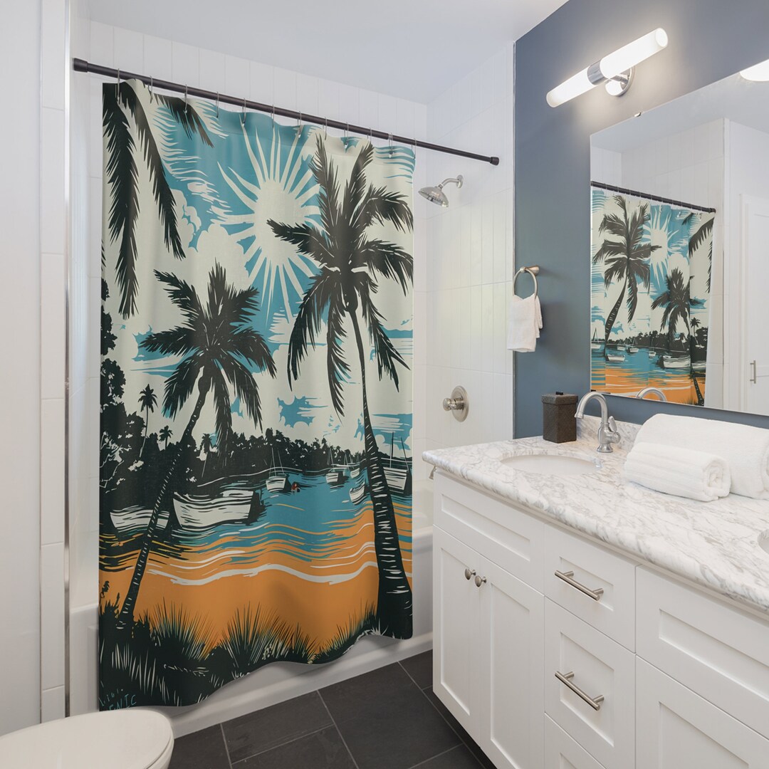 Tropical Retro Palm Tree Shower Curtain Minimalist Modern Marine ...