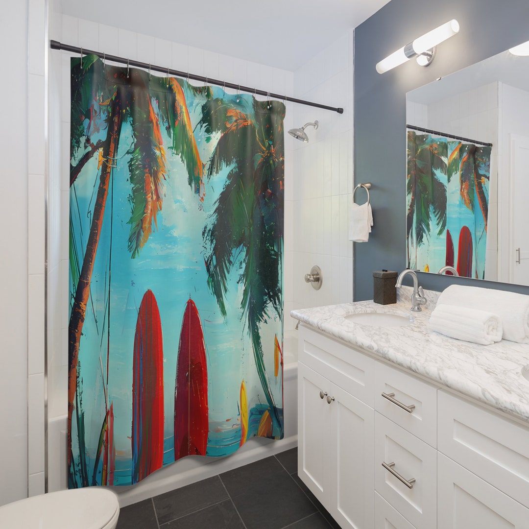 Surfboard Beach With Palm Trees Shower Curtain Retro Modern Marine ...