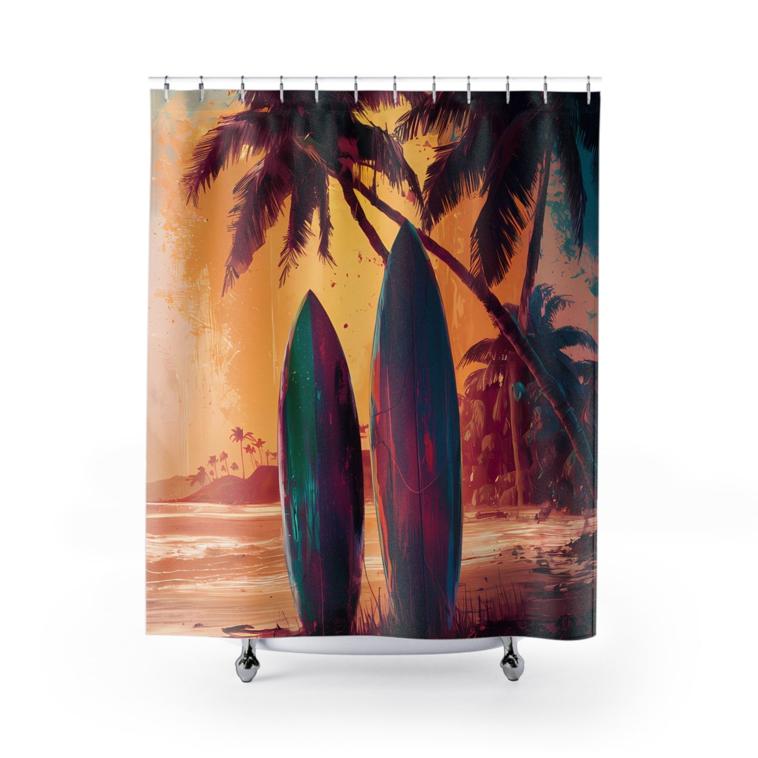 Tropical Hawaiian Surfboard Shower Curtain Modern Marine Bathroom Beach ...