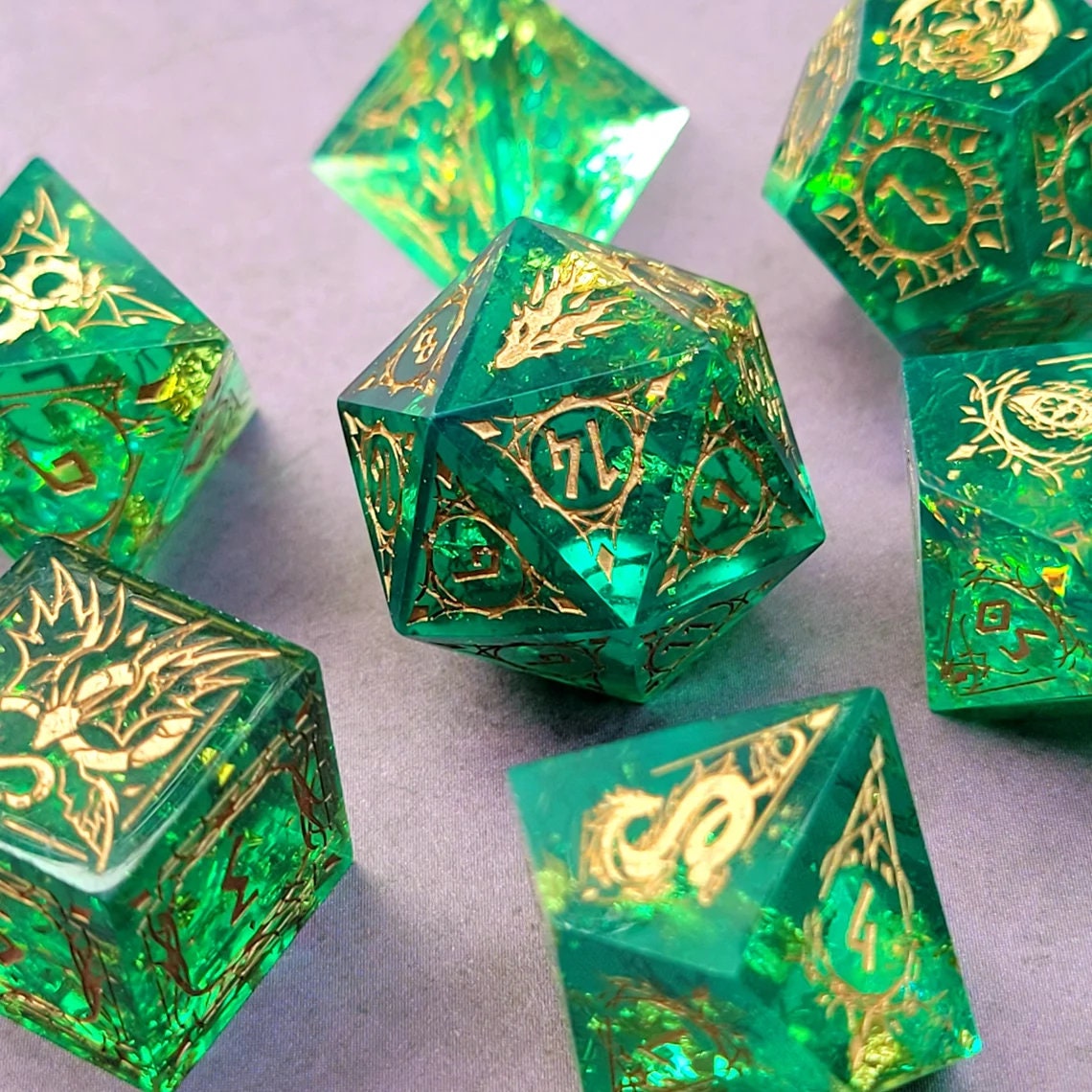 Gilded Forest Dragon Dice Set Dnd Polyhedral Sharp Edge Resin Dragon ...