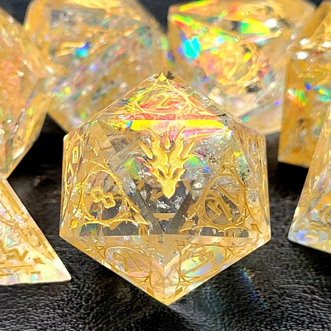 Translucent Gold Dragon Dice Set Dnd Polyhedral Sharp Edge Resin Dragon ...