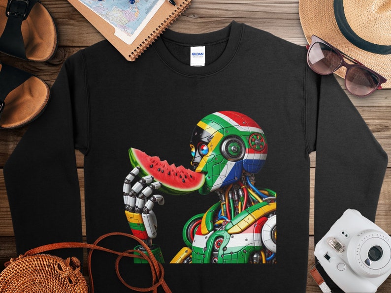 South African Robot Eating Watermelon Sweatshirt, Colorful Robot Design ...