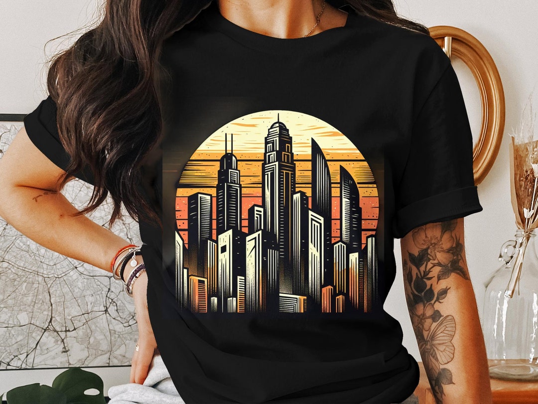Retro Urban Skyline Graphic Tee, Vintage Cityscape T-shirt, Sunset ...