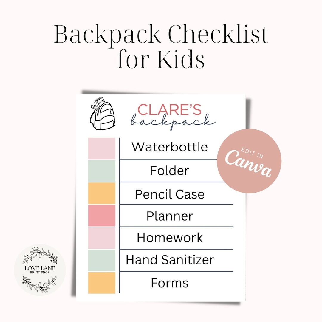 Backpack Checklist for Kids | Backpack Checklist | Backpack List | Bag ...