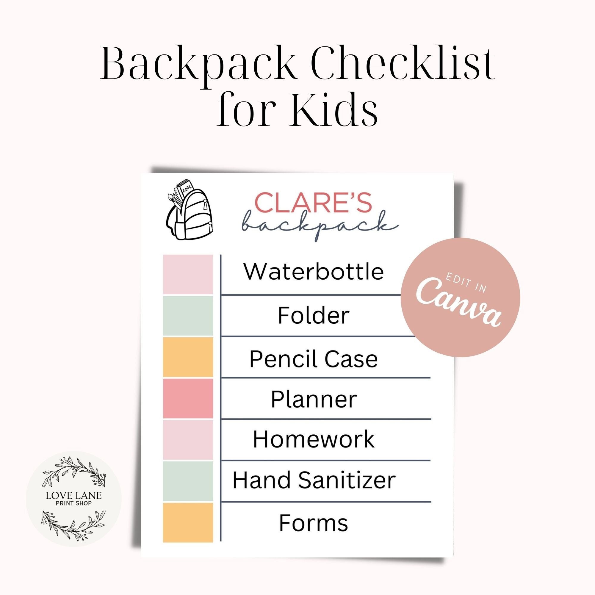 Backpack Checklist for Kids | Backpack Checklist | Backpack List | Bag ...