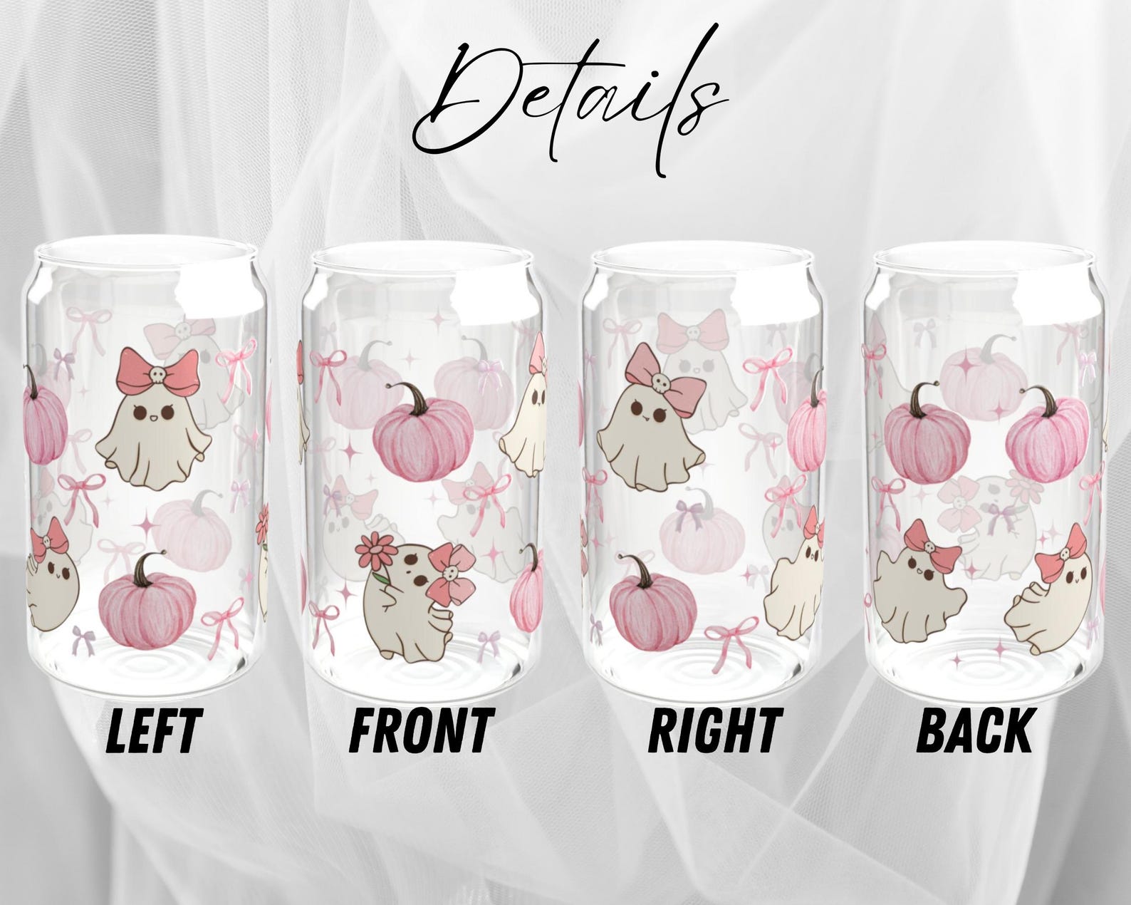 Pink Cute Bow Ghost Sipper Glass Cup Girly Cute Halloween Iced Coffee ...