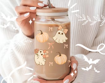 Pink Cute Bow Ghost Sipper Glass Cup Girly Cute Halloween Iced Coffee ...