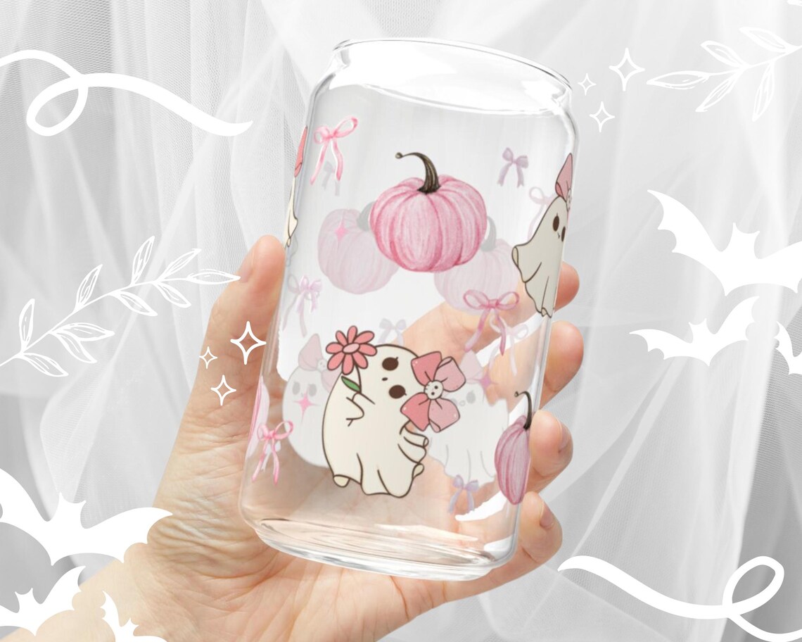 Pink Cute Bow Ghost Sipper Glass Cup Girly Cute Halloween Iced Coffee ...