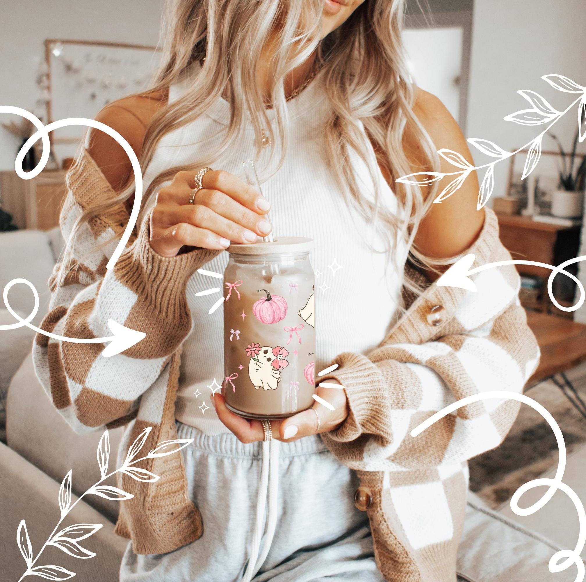 Pink Cute Bow Ghost Sipper Glass Cup Girly Cute Halloween Iced Coffee ...
