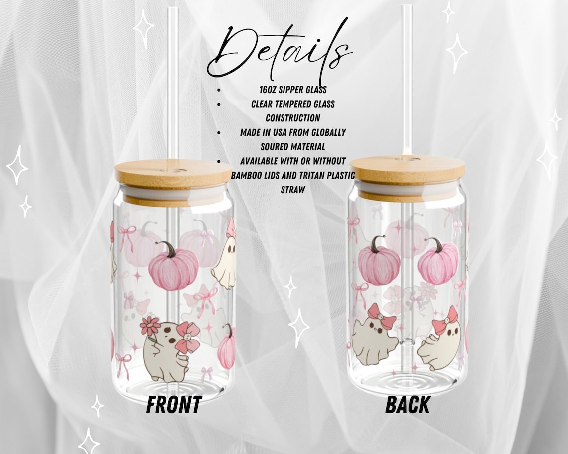 Pink Cute Bow Ghost Sipper Glass Cup Girly Cute Halloween Iced Coffee ...