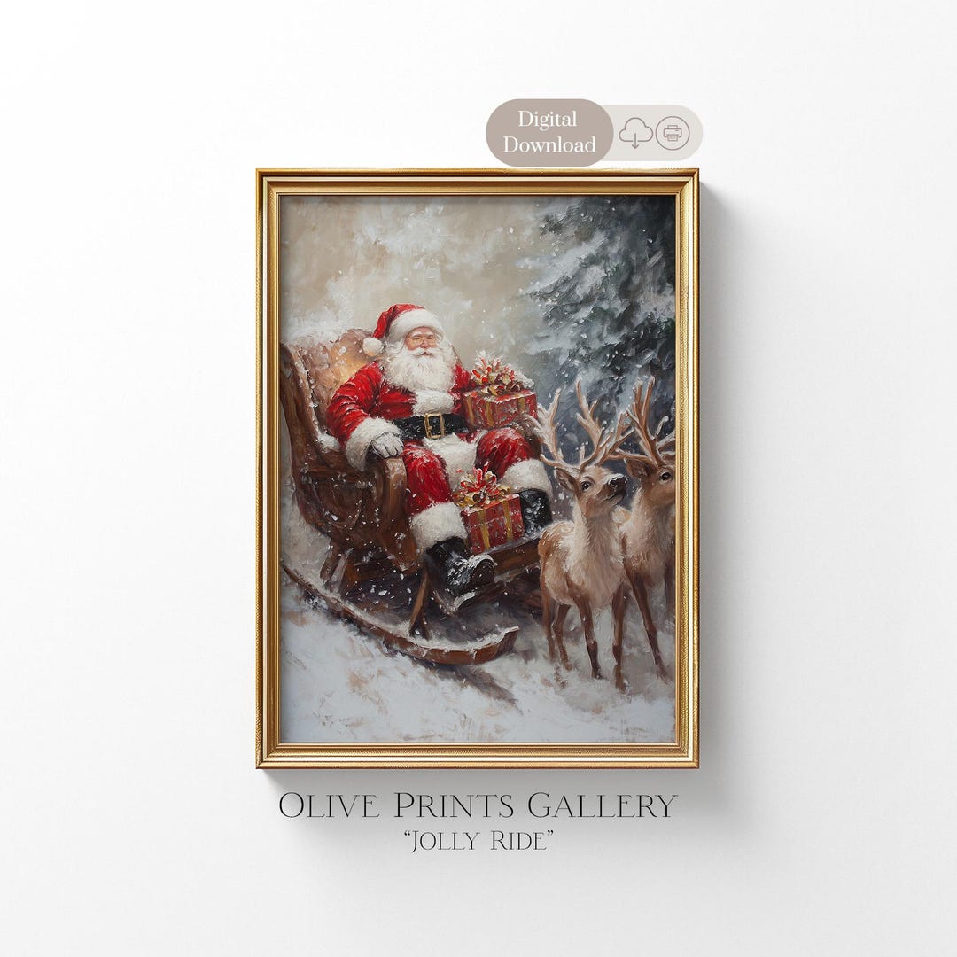 Santa Claus Artwork Reindeer Sleigh Painting Wintry Scene Christmas ...