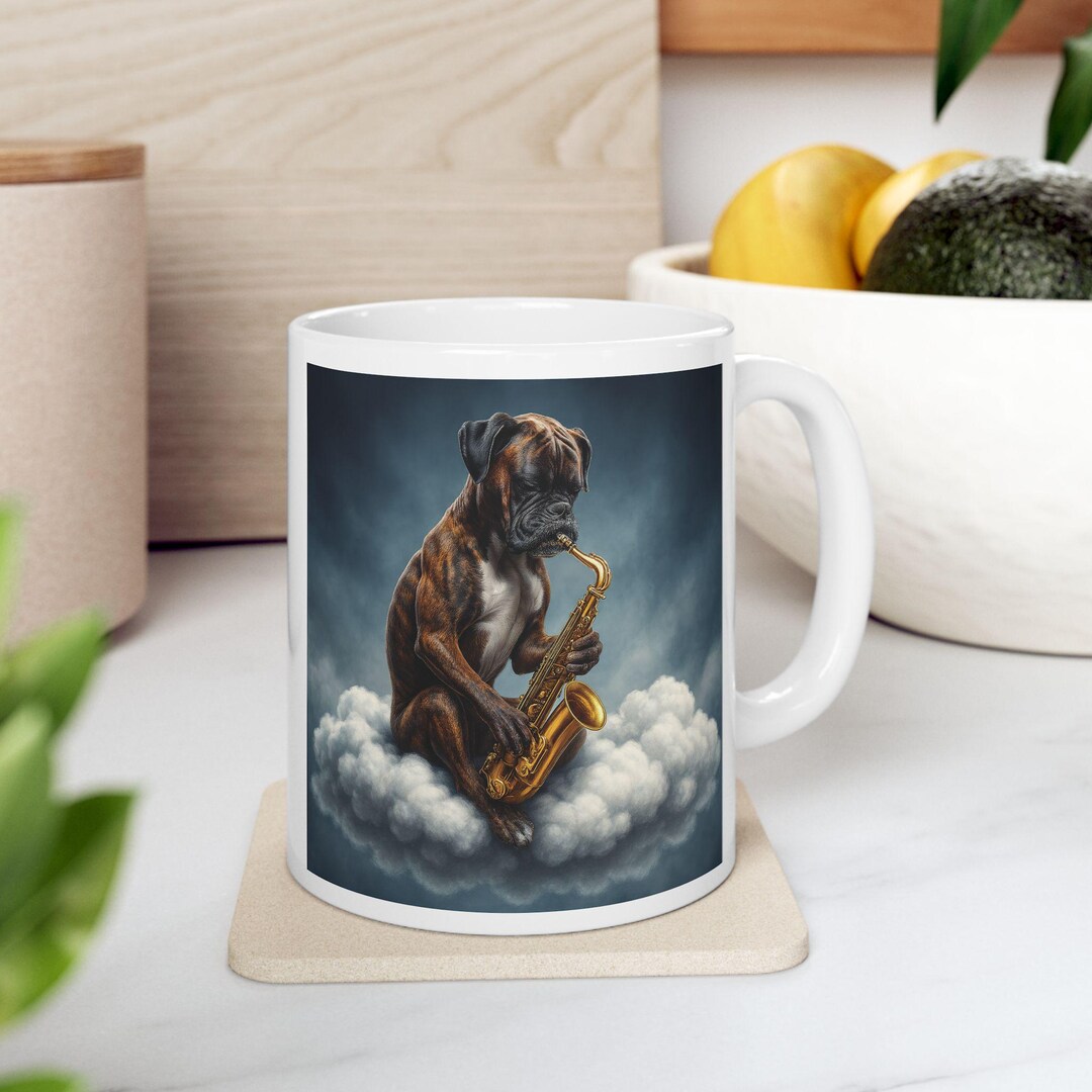 Brindle Boxer Playing Saxophone Coffee Mug, Animal Humor, Dog Coffee ...