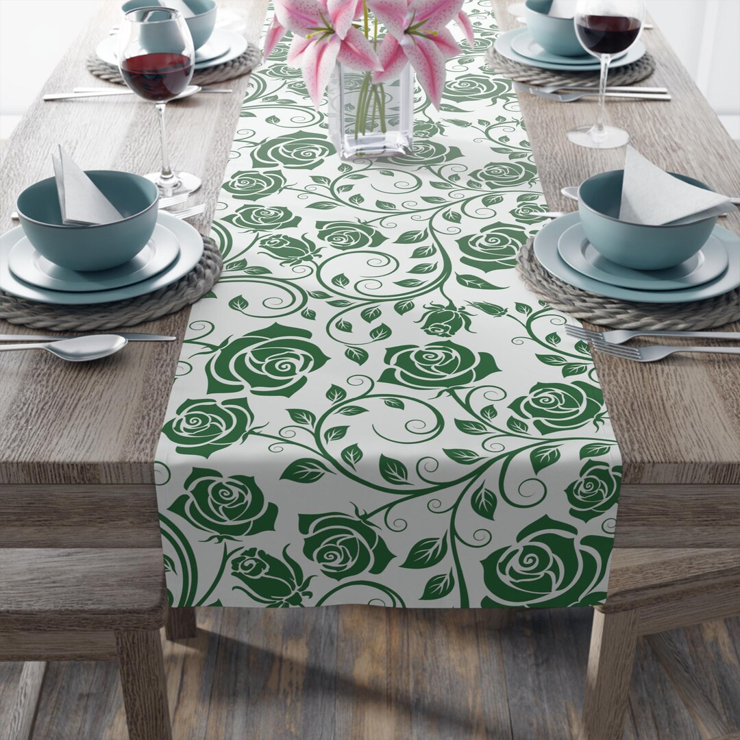 Green Roses Table Runner, Christmas Table Runner, Green and White Decor ...