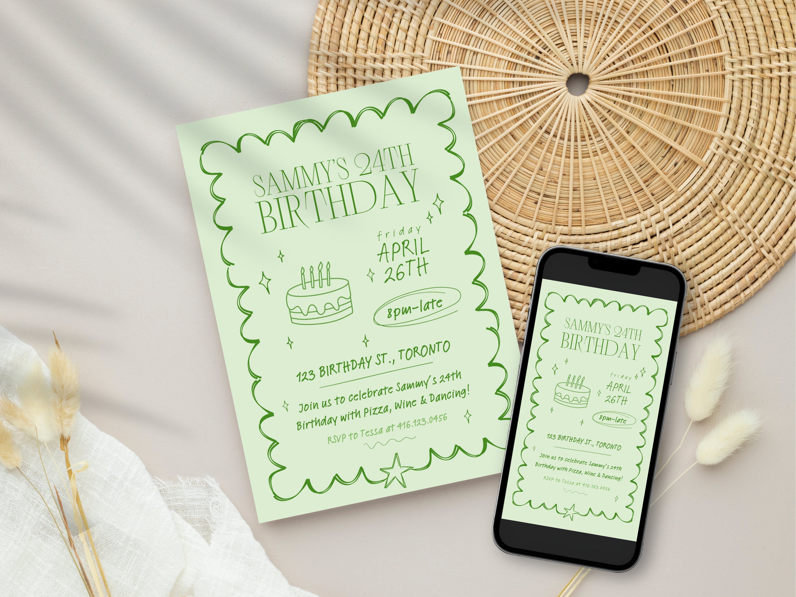 Hand Drawn Birthday Invitation Template, Dinner Party Invitation, Retro ...
