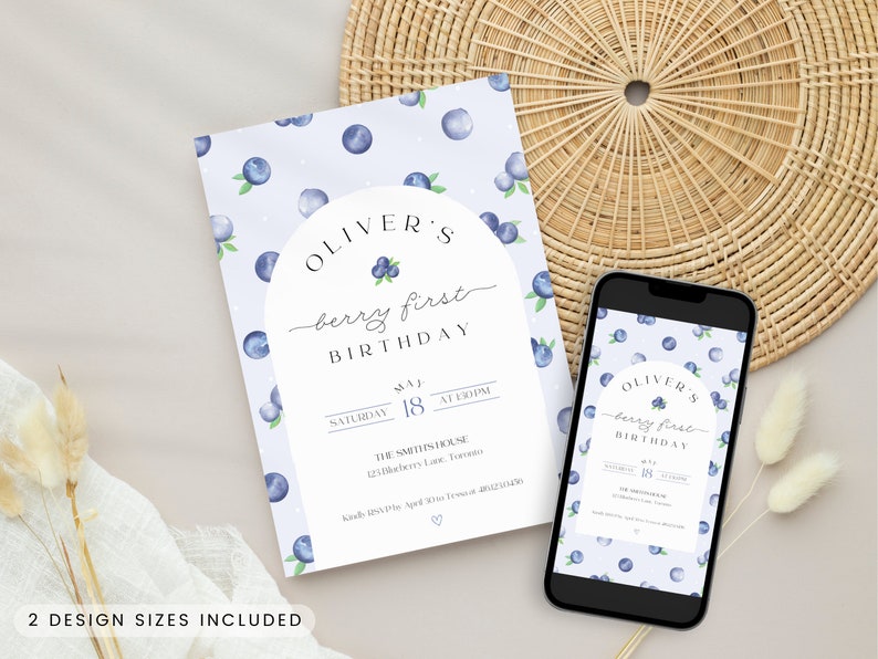 Berry First Birthday Invitation Template, Blueberry First Birthday ...