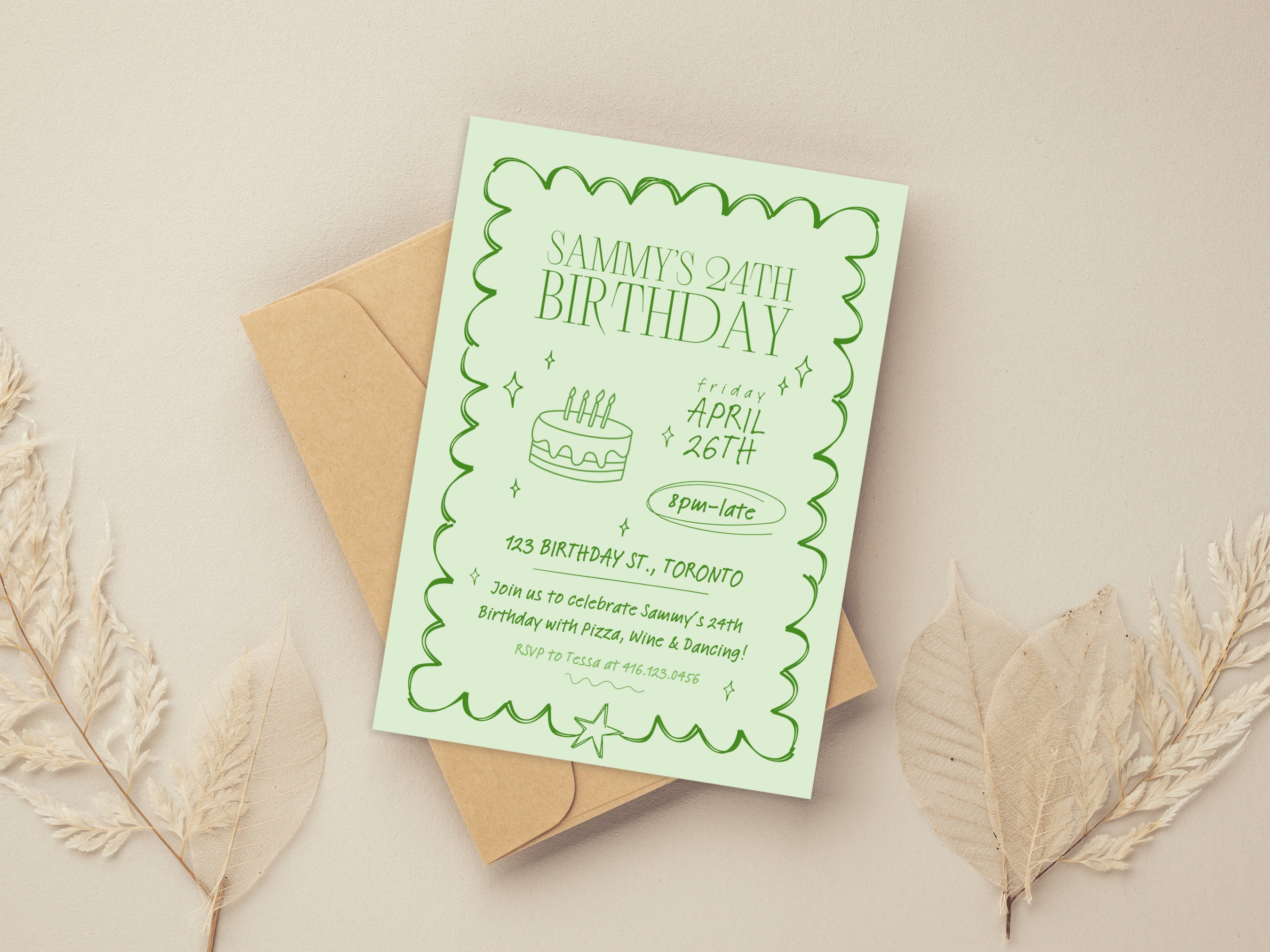 Hand Drawn Birthday Invitation Template, Dinner Party Invitation, Retro ...