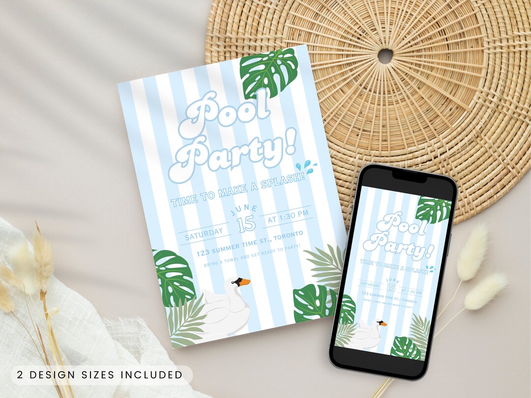 Pool Party Invitation, Blue Retro Pool Party Invite Digital, Retro ...