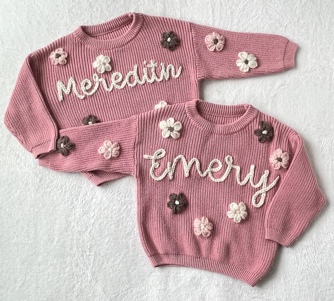 Hand Embroidered Name Sweater With Flowers - Etsy