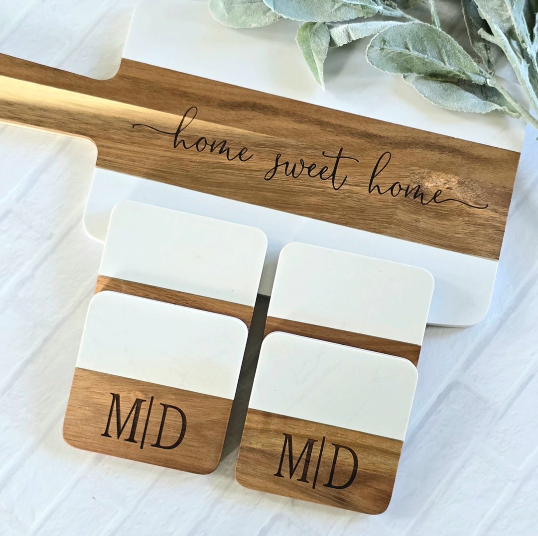 Personalized Marble Wood Cutting Board Coaster Set Realtor Closing Gift ...