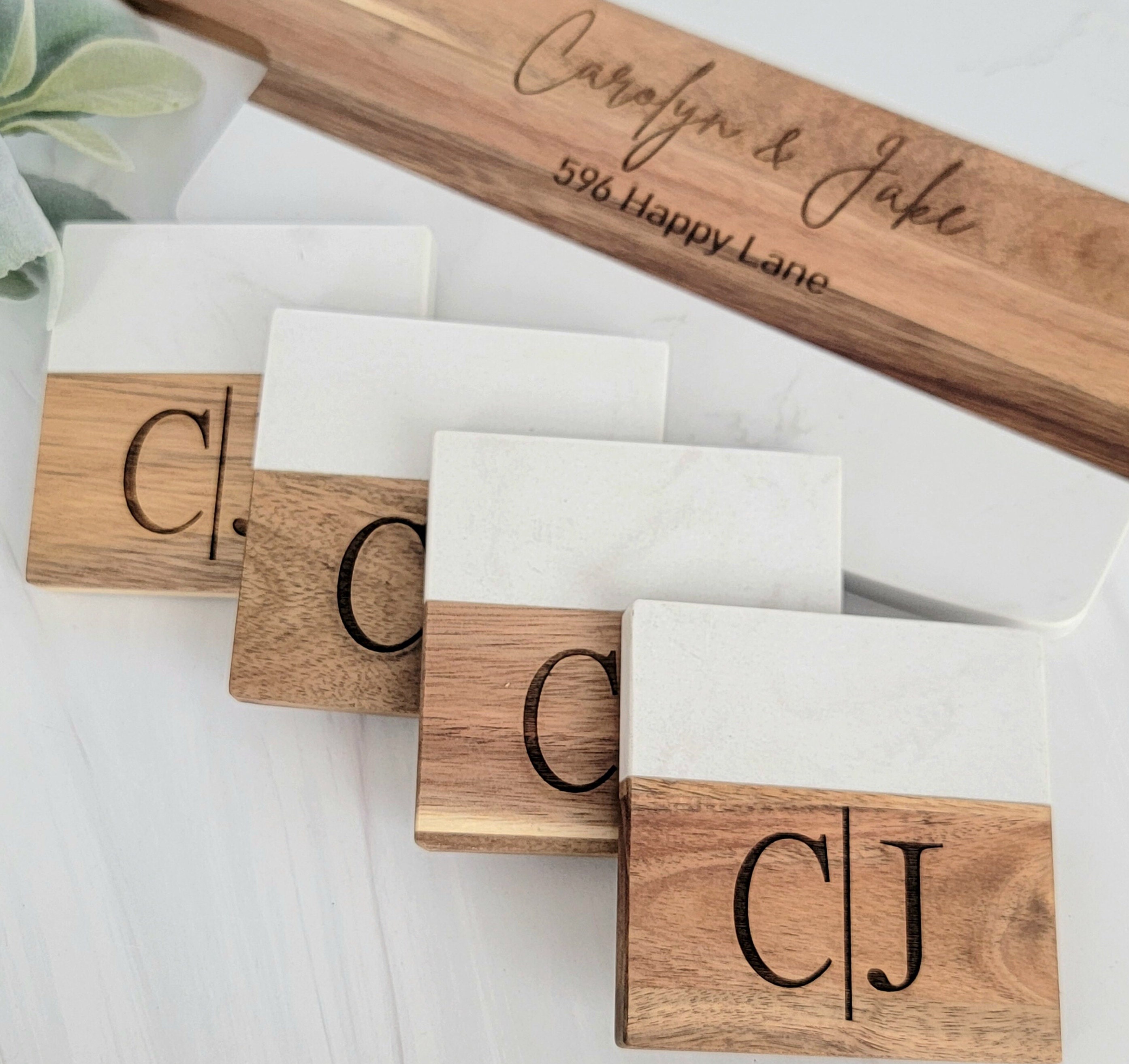 Personalized Marble Wood Cutting Board Coaster Set Realtor Closing Gift ...
