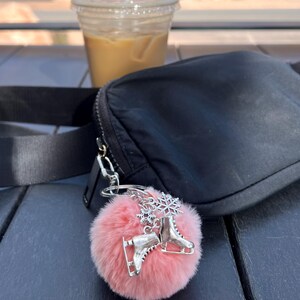 Ice Skating Pom Pom Keychain | Silver Snowflakes & Ice Skates Bag Charm ...