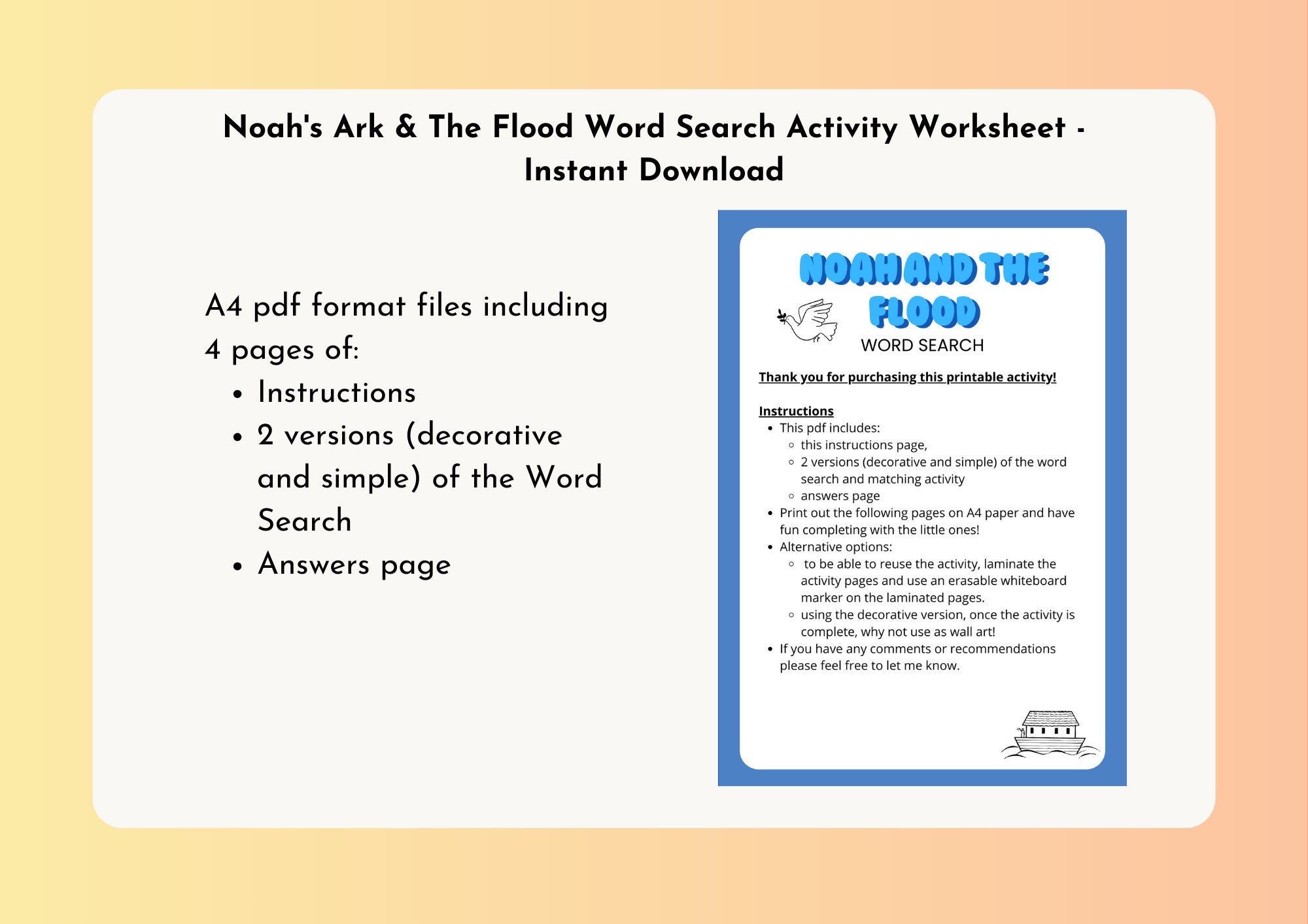 Noah's Ark and the Flood Word Search Activity Worksheet Genesis 6-9 ...
