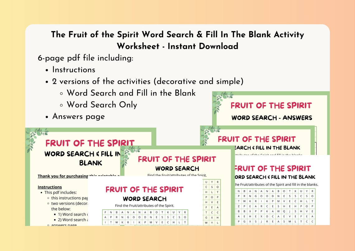 Fruit of the Spirit Word Search & Fill in the Blank Activity Worksheet ...