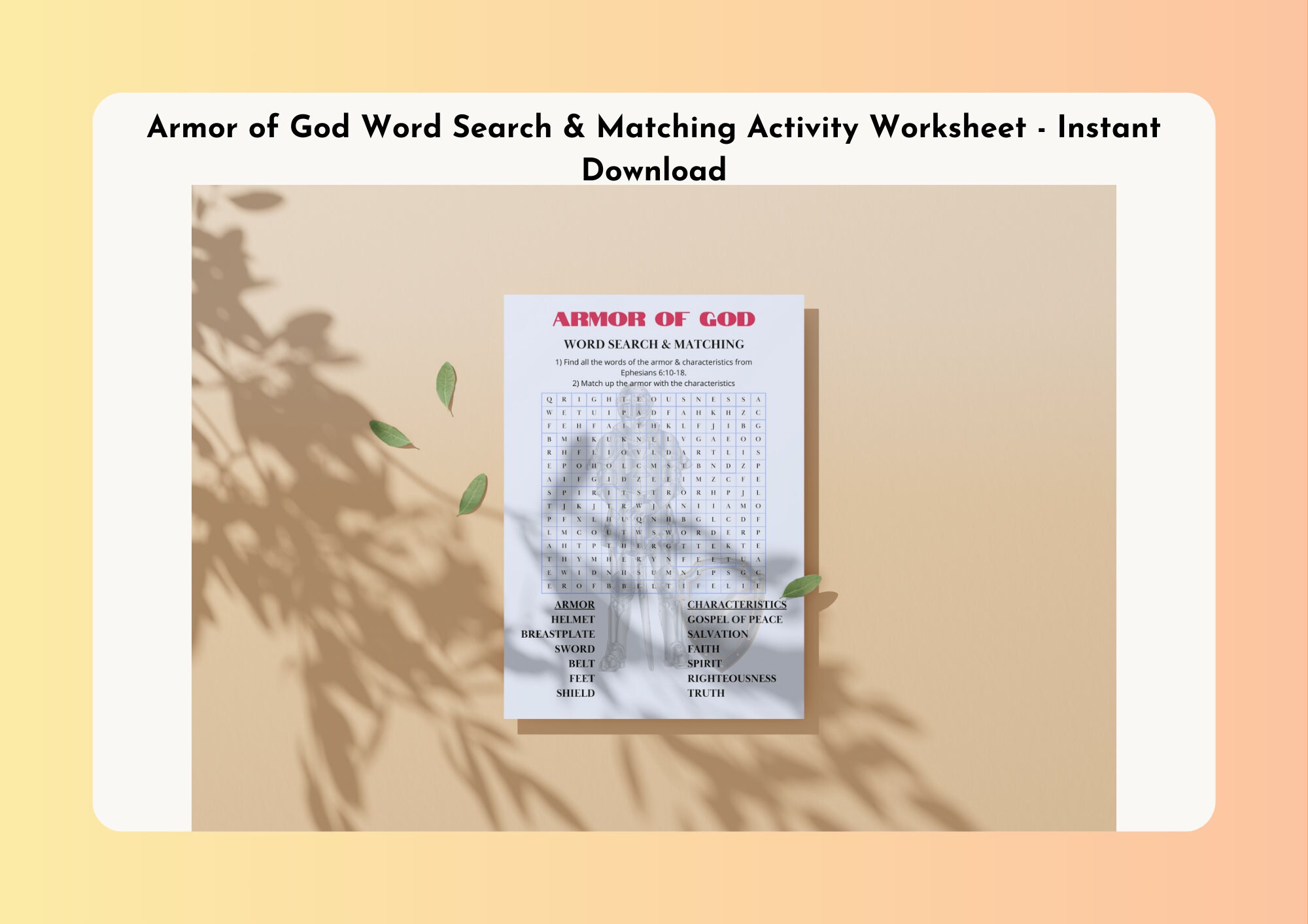Armor of God Word Search & Matching Activity Worksheet | Ephesians 6:10 ...