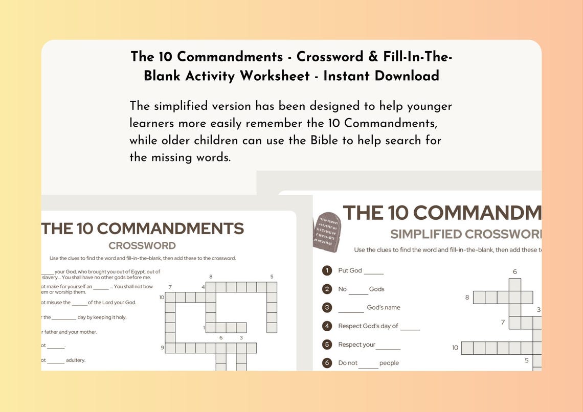 The 10 Commandments Crossword & Fill-in-the-blank Activity Worksheet ...