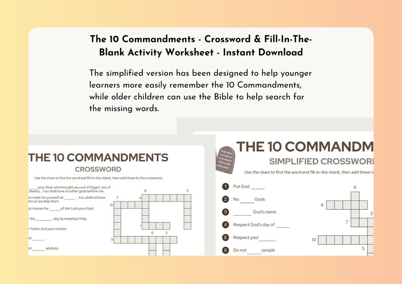 The 10 Commandments Crossword & Fill-in-the-blank Activity Worksheet ...