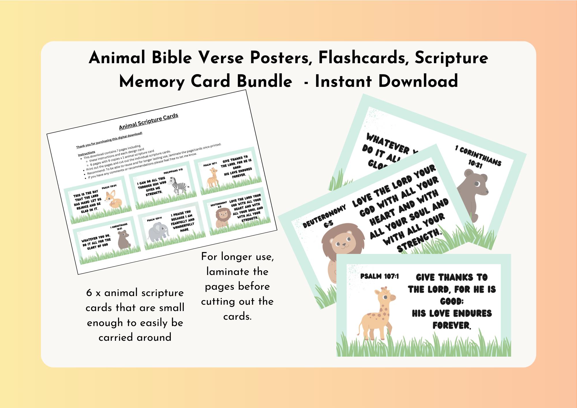 Animal Theme Bible Verse Posters/wall Art, Flashcards, Scripture Memory ...