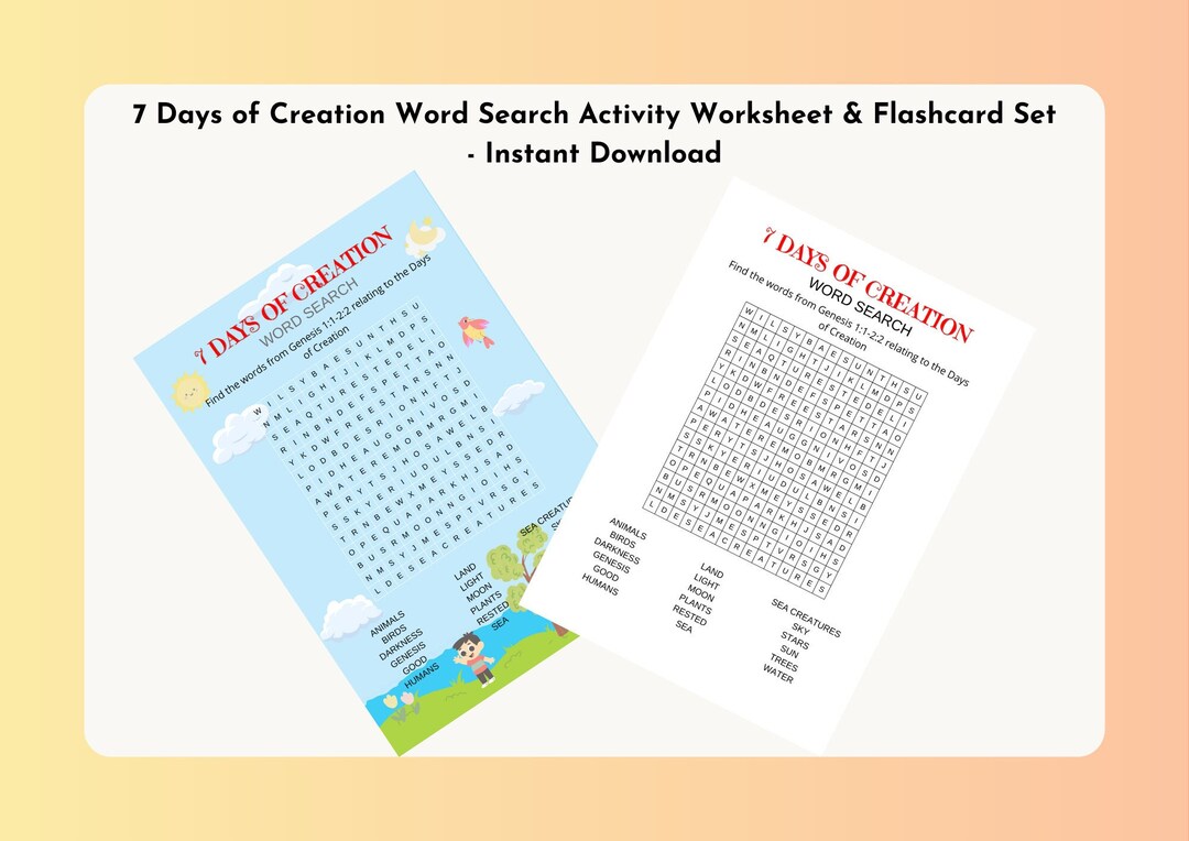 7 Days of Creation Flashcards & Word Search Activity Worksheet ...