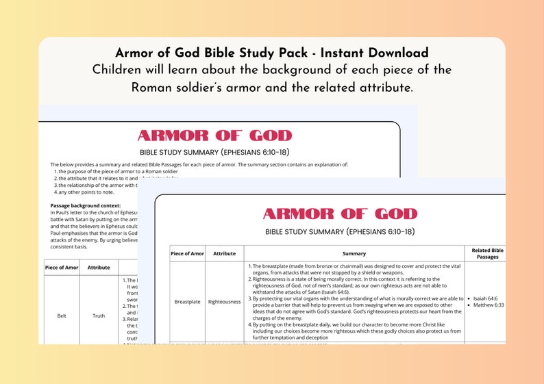 Armor of God Word Bible Study Pack | Ephesians 6:10-18 | Christian Kids ...